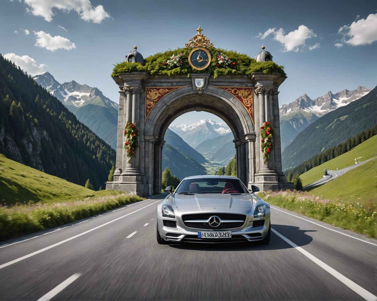 Grey Mercedes SLS AMG driving through a decorated baroc style portal in ...