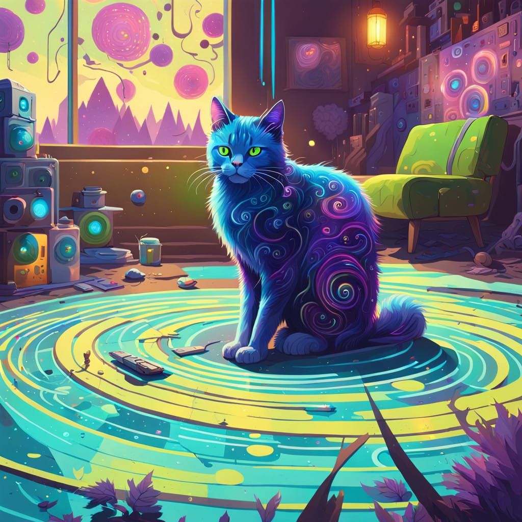 Psychedelic cat - Vibrant Electric Blue Cat in Dreamlike Env...