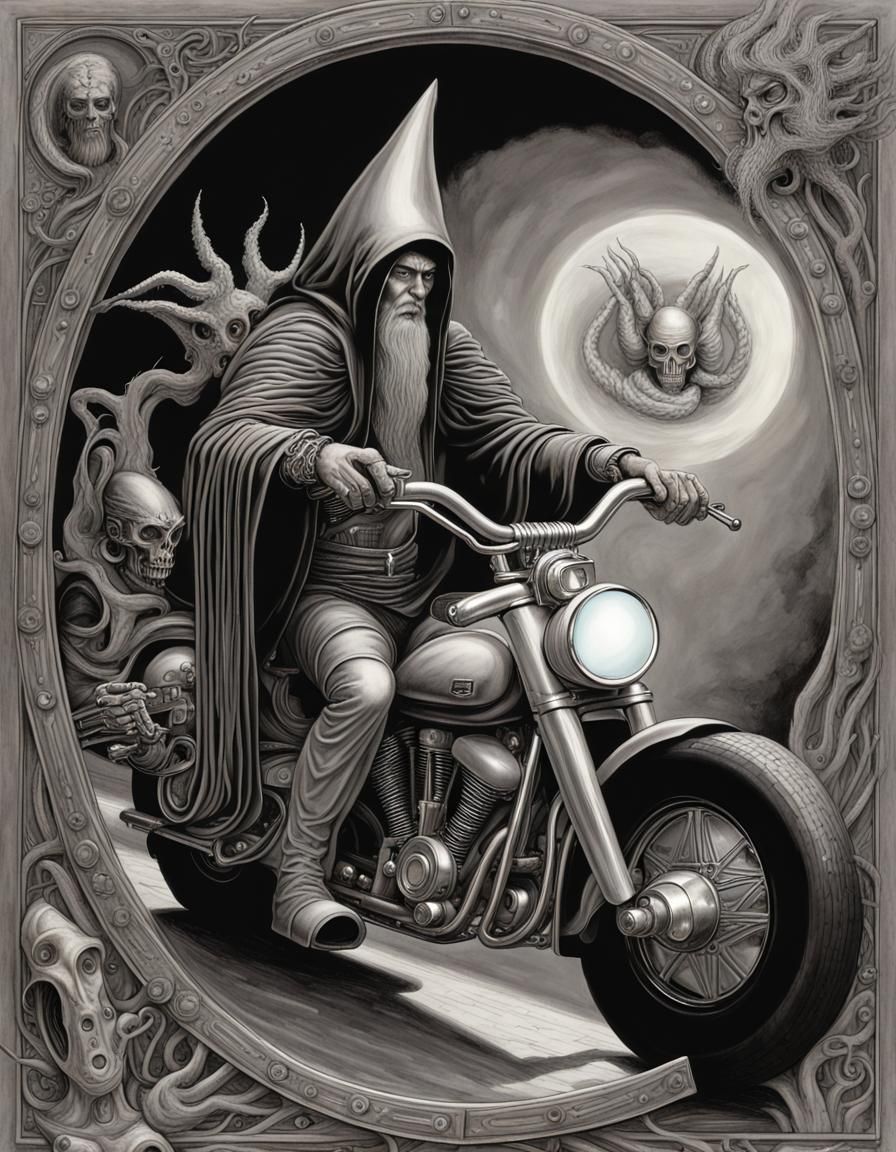 A Wizard on a Motorcycle with a Scrying Mirror - AI Generated Artwork ...
