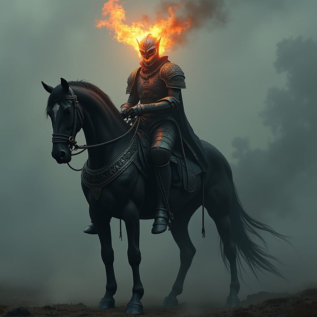 Shrouded Knight on Dark Horse in Haunting, Fog-Shr... - AI Art