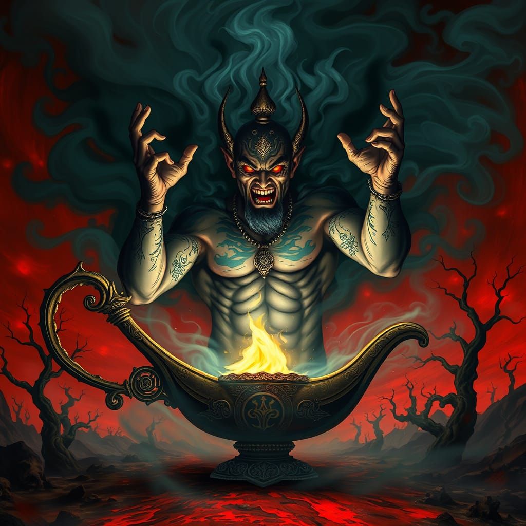 Dark Genie Erupts from Ancient Lamp in Fiery Fury - AI Art