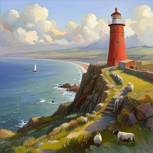 the dike sheep climbed the lighthouse. Enjoy the view from the ...