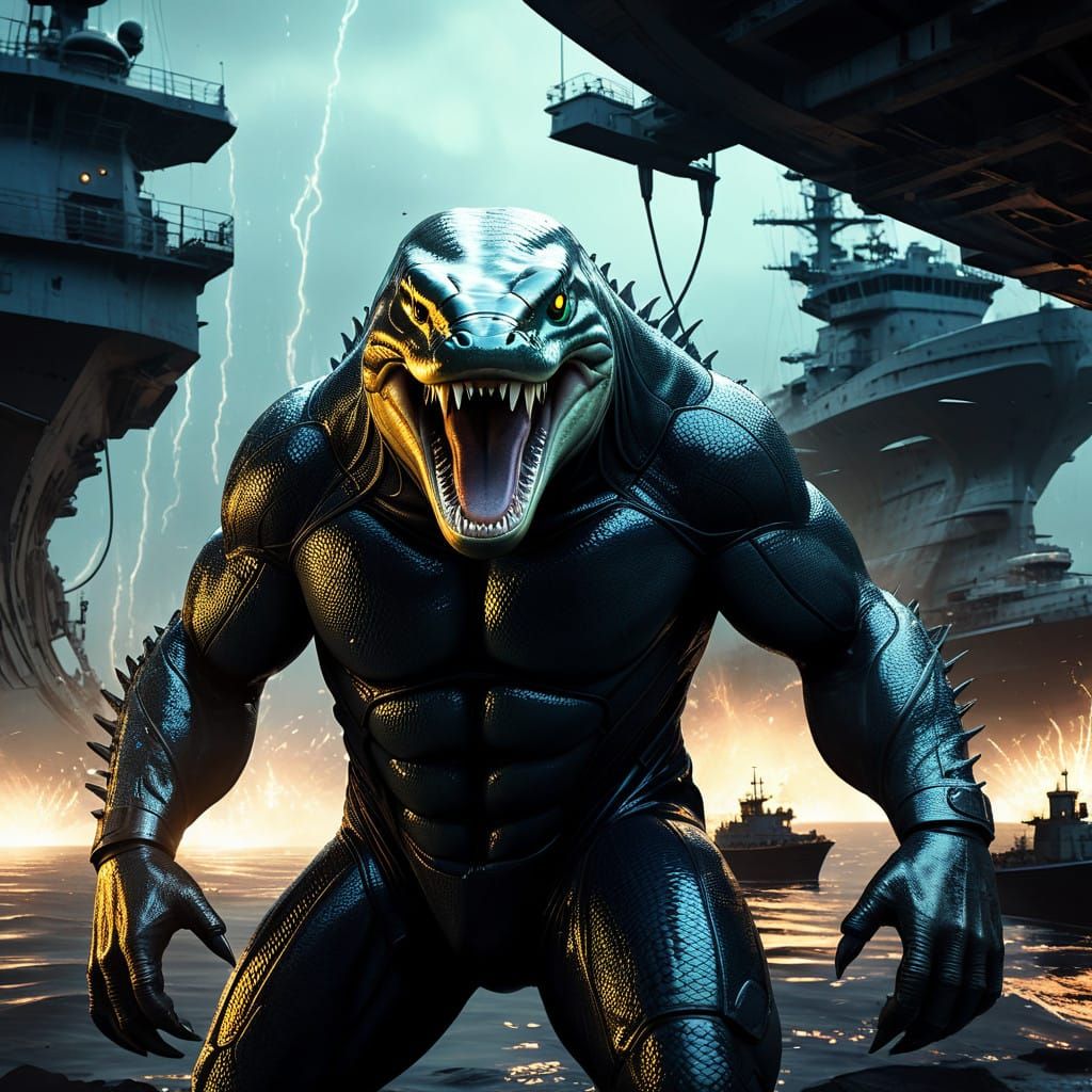 A hyperrealistic, humanoid electric eel in a navy seal combat uniform ...