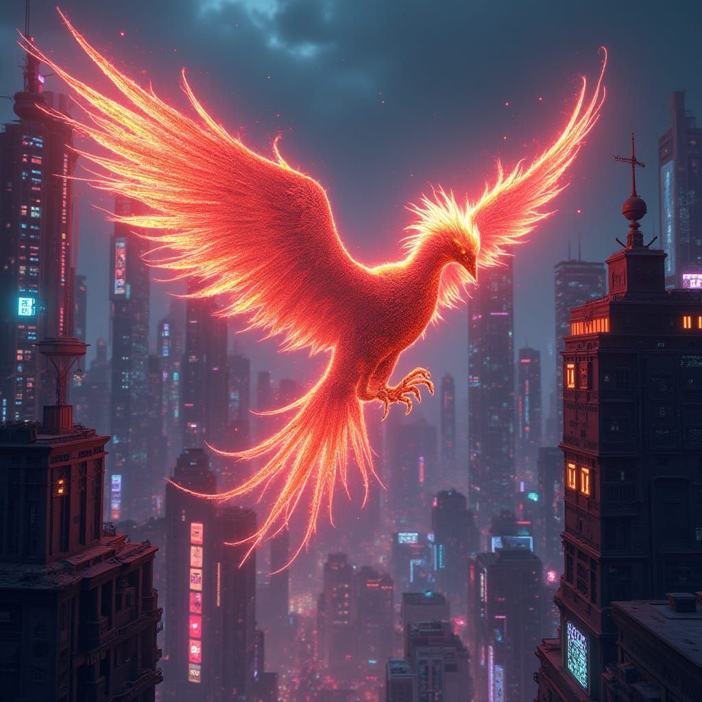 Cyberpunk Phoenix Rises Over Neon Metropolis - AI Art