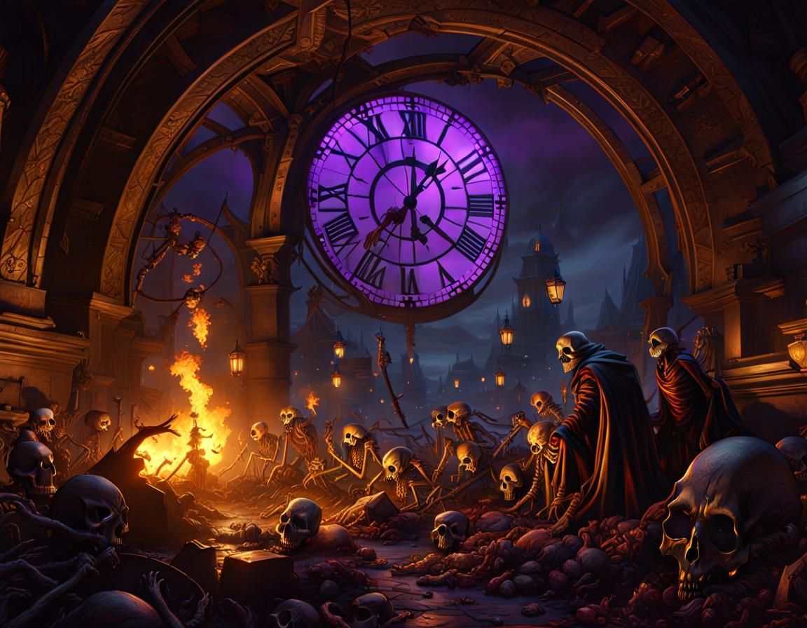 The doomsday clock heading to a new year, skeletons, zombies crawling ...