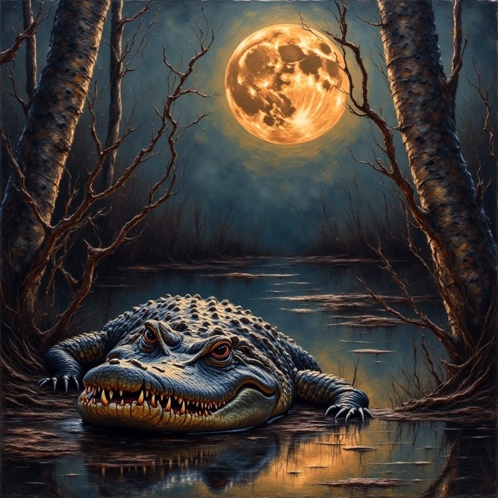Basking in the moonlight - Menacing Alligator in Bayou Moonl...