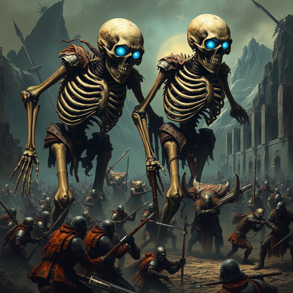 Giant skeletons fighting an army - Gigantic Skeletons Enga...