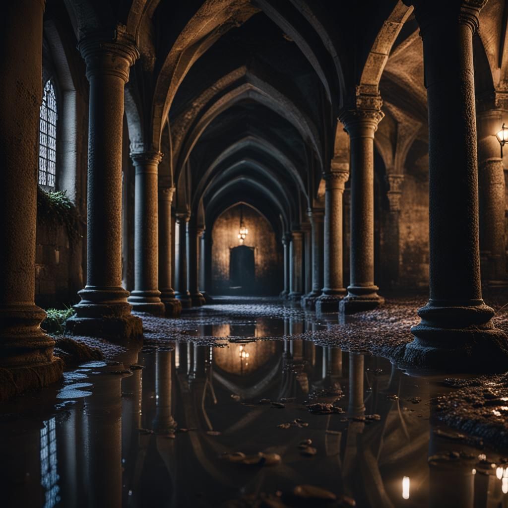 Medieval lair, dark, creepy, pillars, water puddles - AI Generated ...