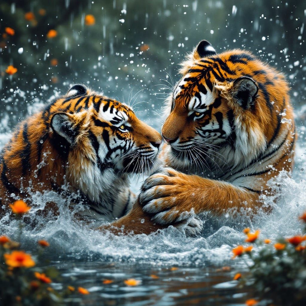 Two tigers in the water - Tigers Engage in Intense Water Bat...
