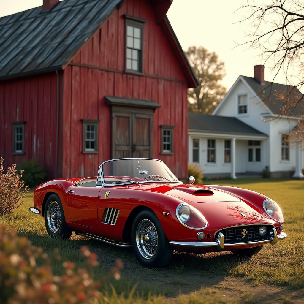 Vintage Red Ferrari Barchetta in a Rustic Countrys... - AI Art
