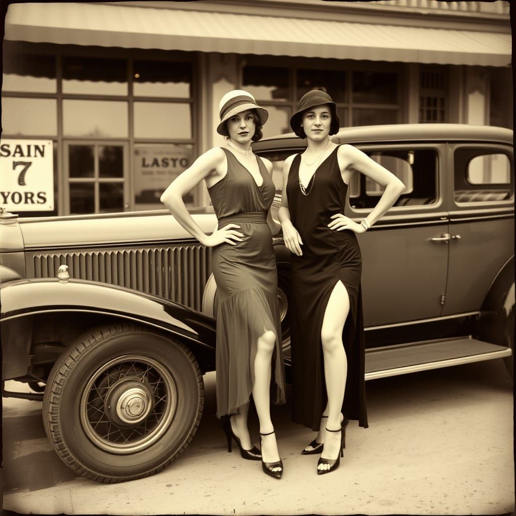 old black and white foto - Flapper Women Pose with Vintage C...
