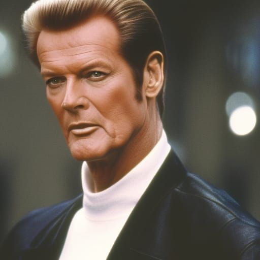 1990 screengrab of male model Roger Moore wearing a black leather ...