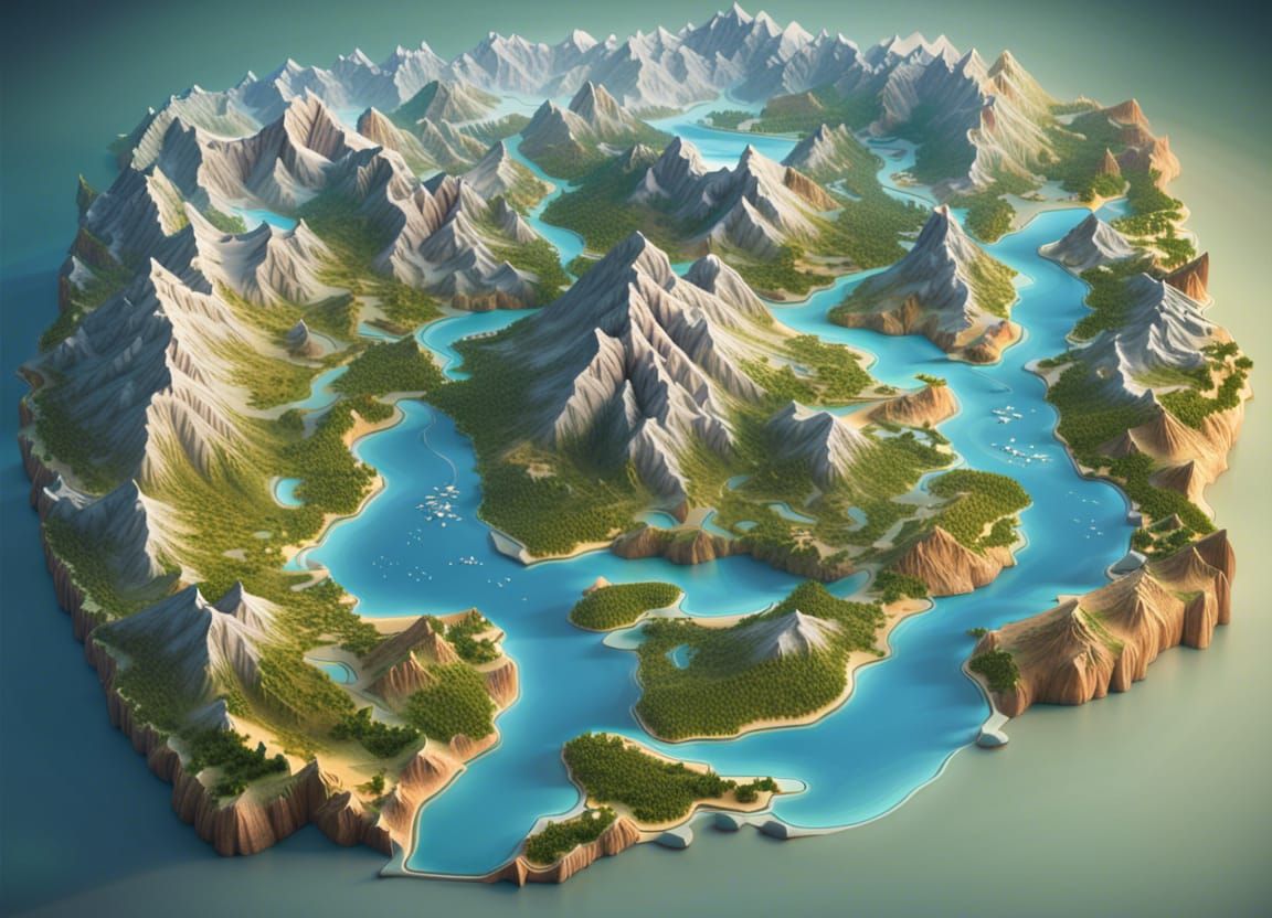 3d fantasy world map, the world has multiple biomes with mountain ...