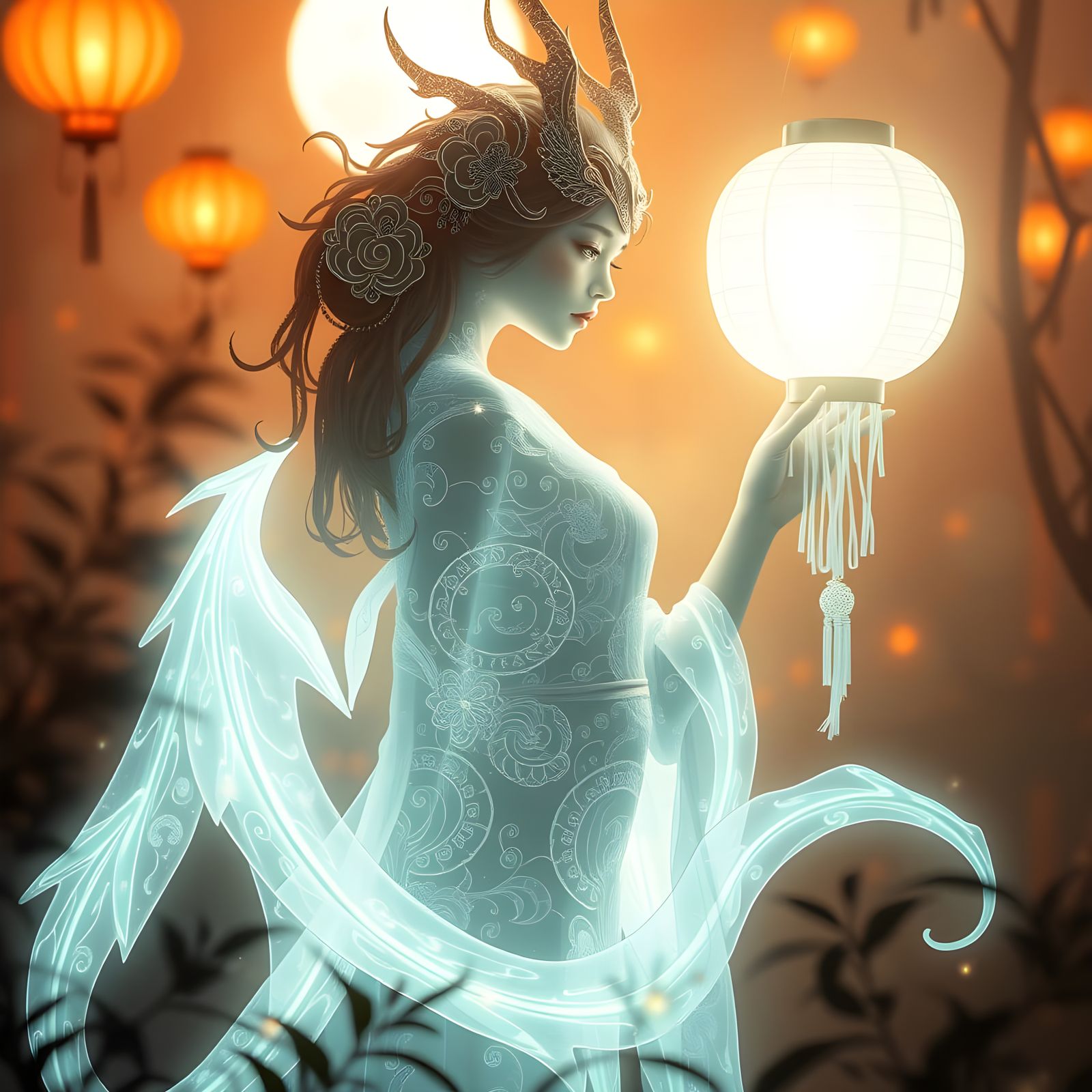 Ethereal Demon Geisha in Cyberpunk Optical Illusio... - AI Art