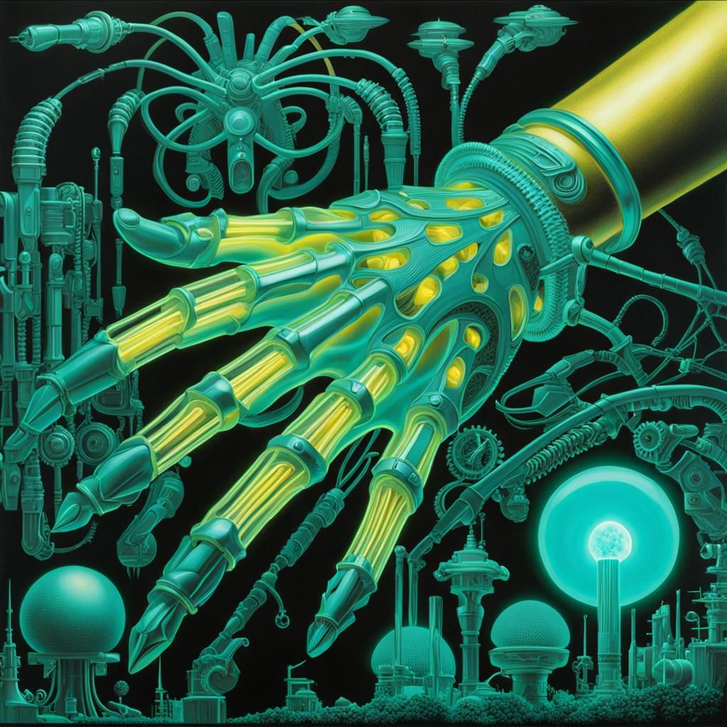 Bio Art Experimentation, biomechanical hand, bioluminescent neon teal ...