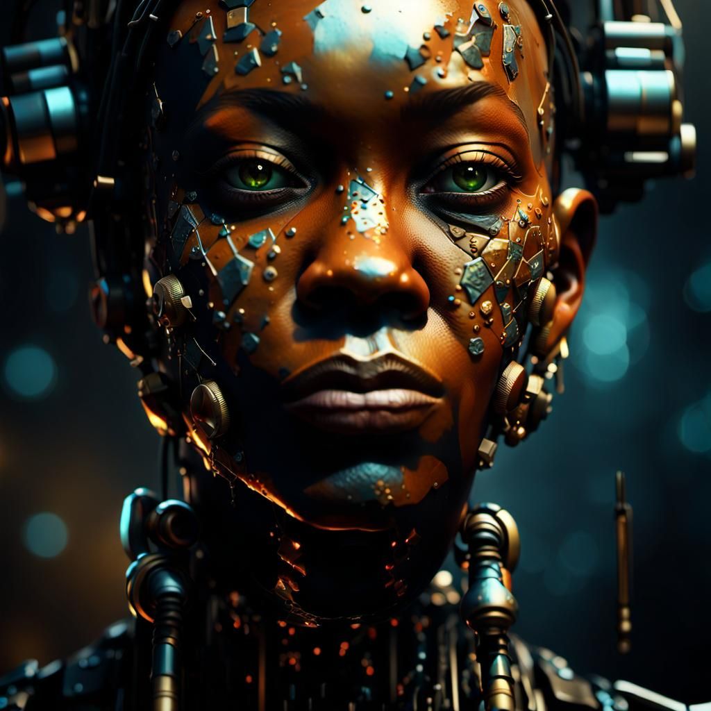 a fine art emotional portrait of african female android, intricate ...