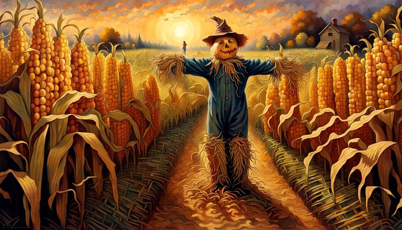 A well defined scarecrow in a realistic corn maze , intricately ...