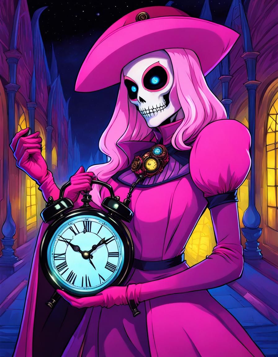 Mummy dearest, holding a luminescent skull clock on the darkest way to ...