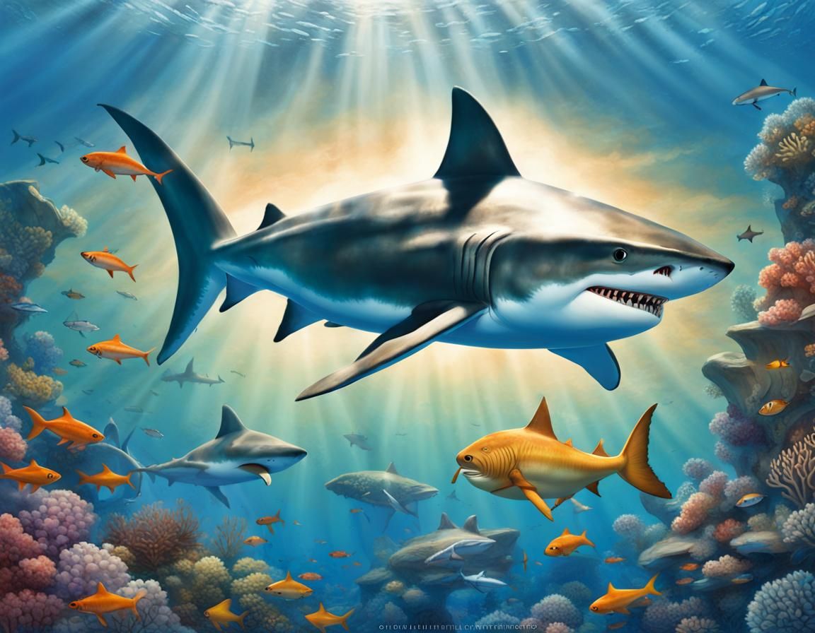 Jaws, full body shot of shark, dorsal fin , one fin holding fish, high ...