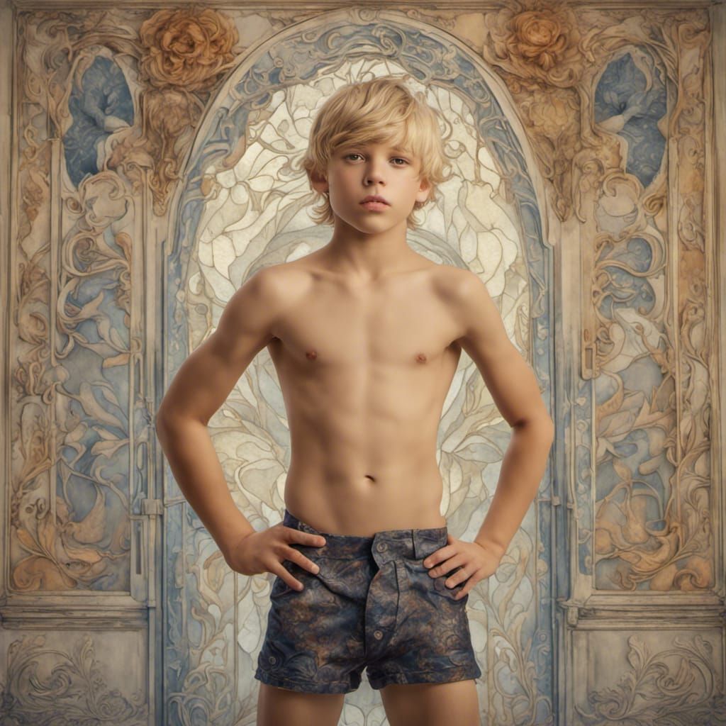front of shirtless muscular blond boy 12yo full body abs lovely face ...