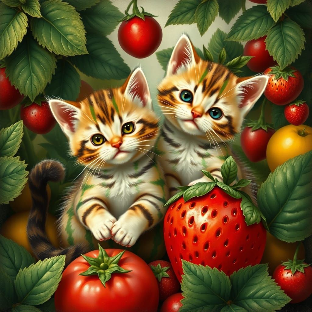 watermelon kittens in a garden of fruit
