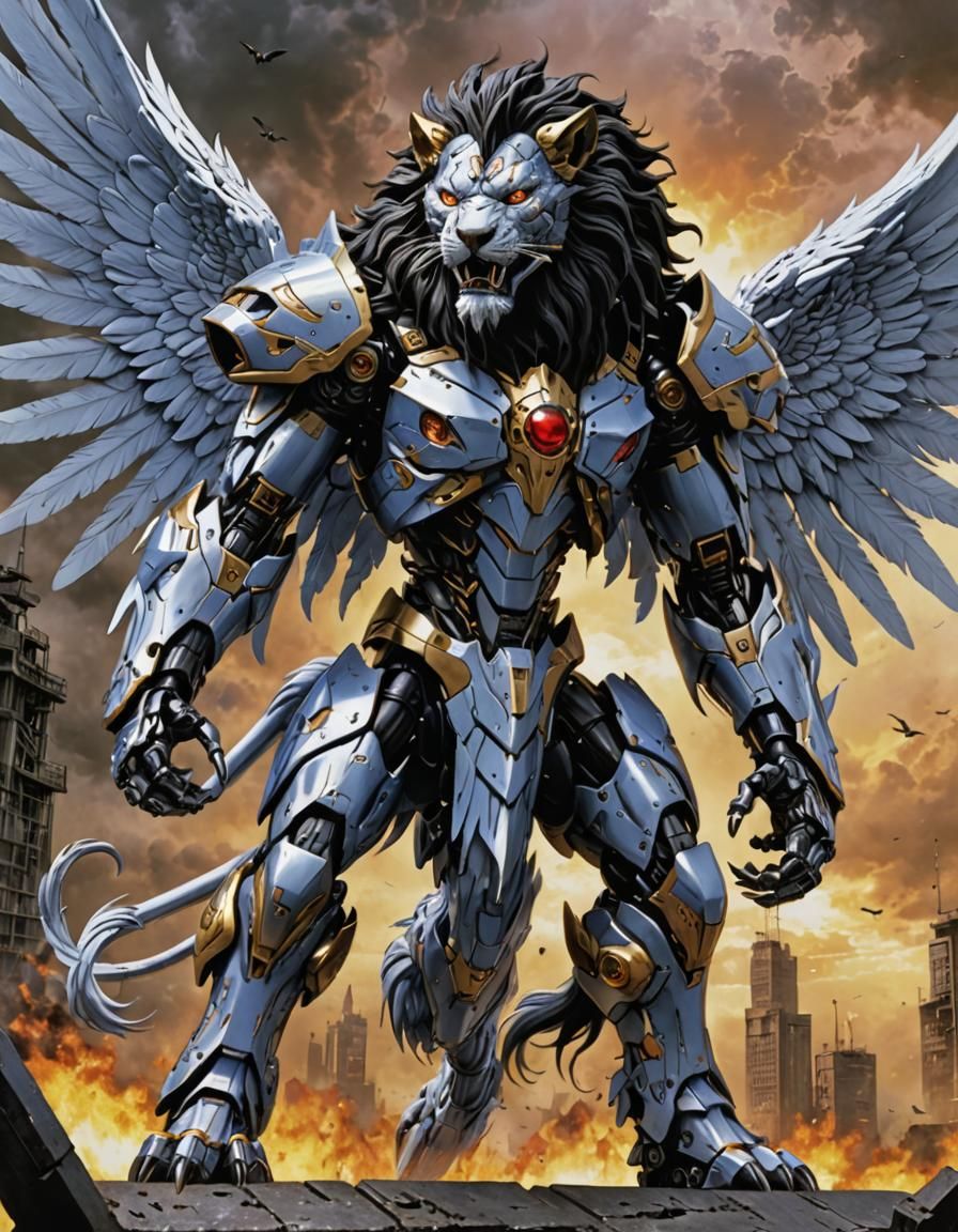 Winged Cybernetic feral undead lion, by Todd mcfarlane, hajime katoki ...