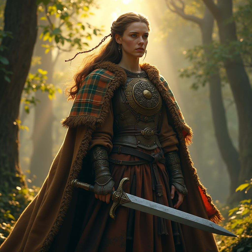 Celtic Warrior Queen in Lush Forest, Hyperrealisti... - AI Art