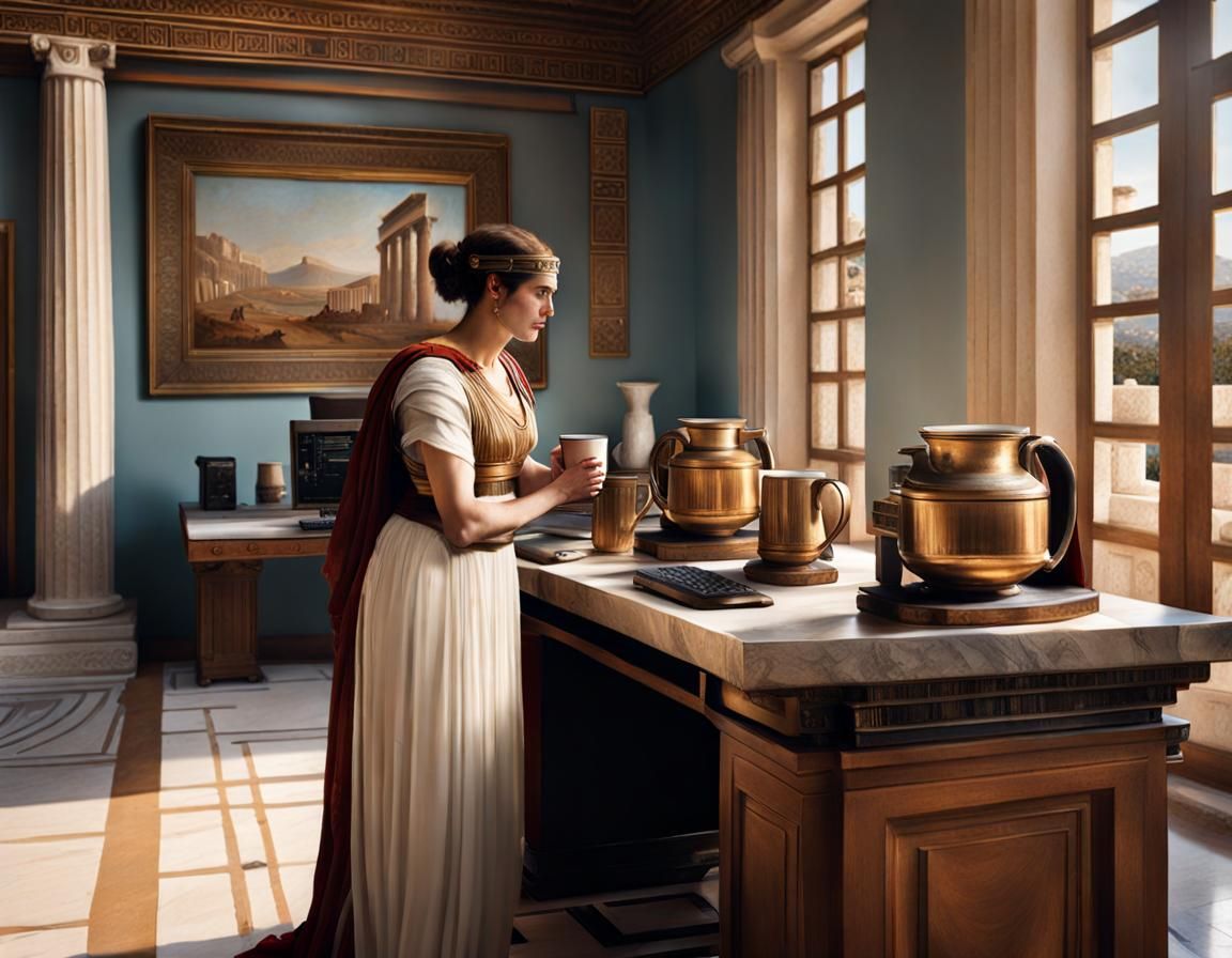Woman takes a coffee from Ancient Greek office canteen - AI Generated ...