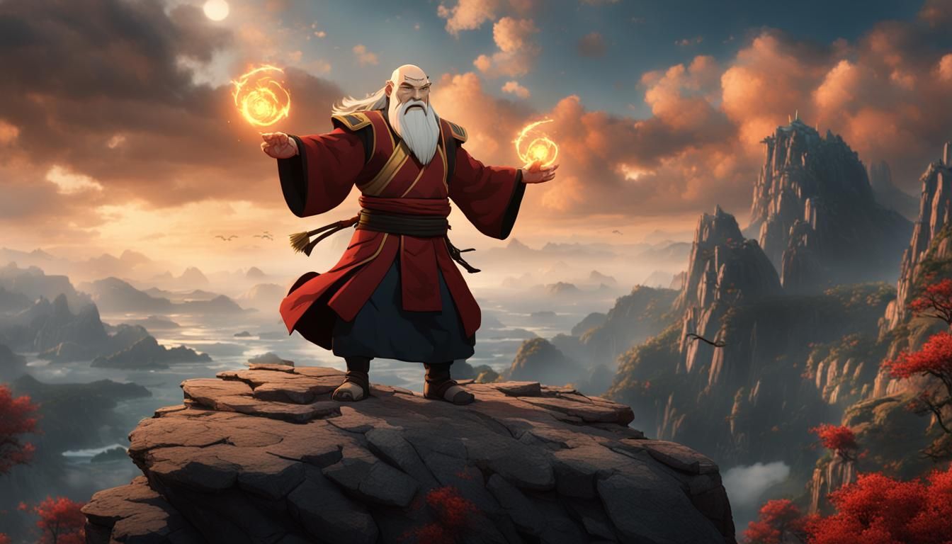 General Iroh from Avatar is standing on a cliff with arms in front of him and charging a ...