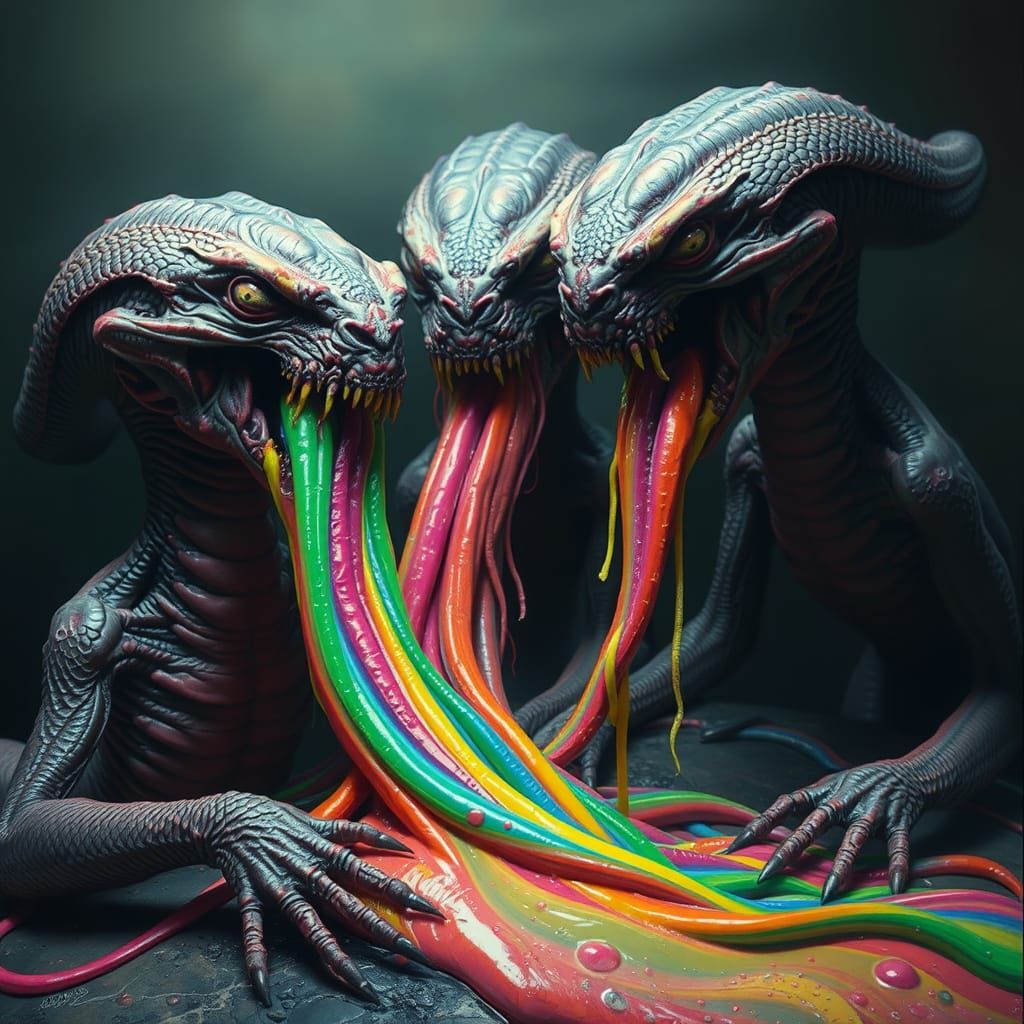 Ethereal Abominations Unleash Rainbow Wastage - AI Art
