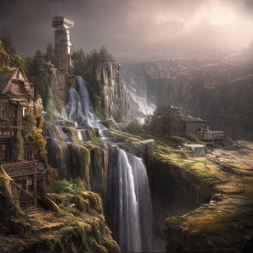 Waterfall flowing around post apocalyptic city - AI Generated Artwork ...