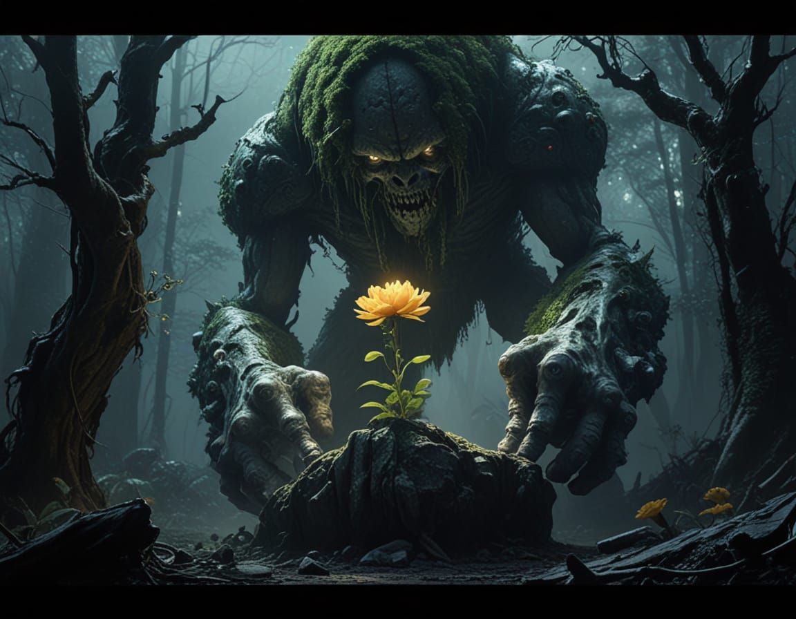 Moss Golem in Ruined Forest: Dark Fantasy Landscap... - AI Art