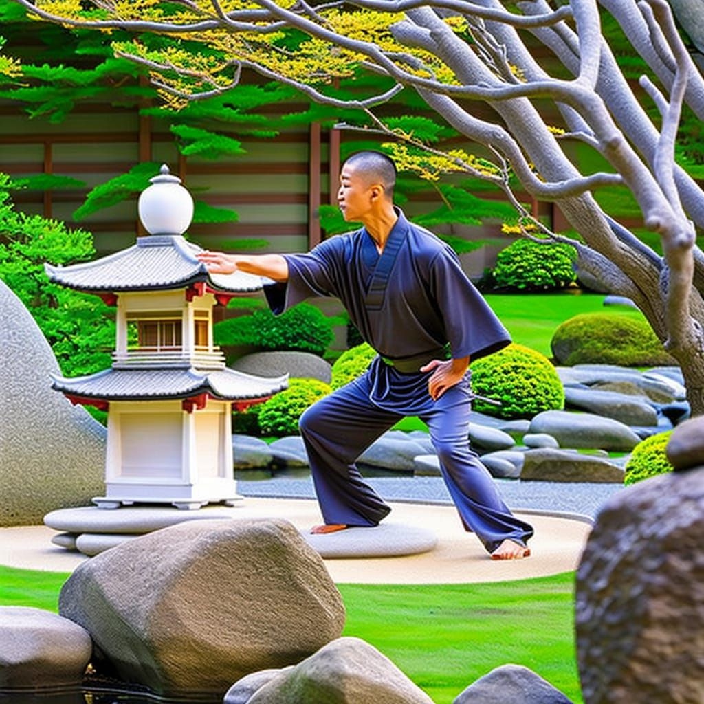 Tai chi practitioner surrounded by a beautiful Japanese Zen garden - AI ...