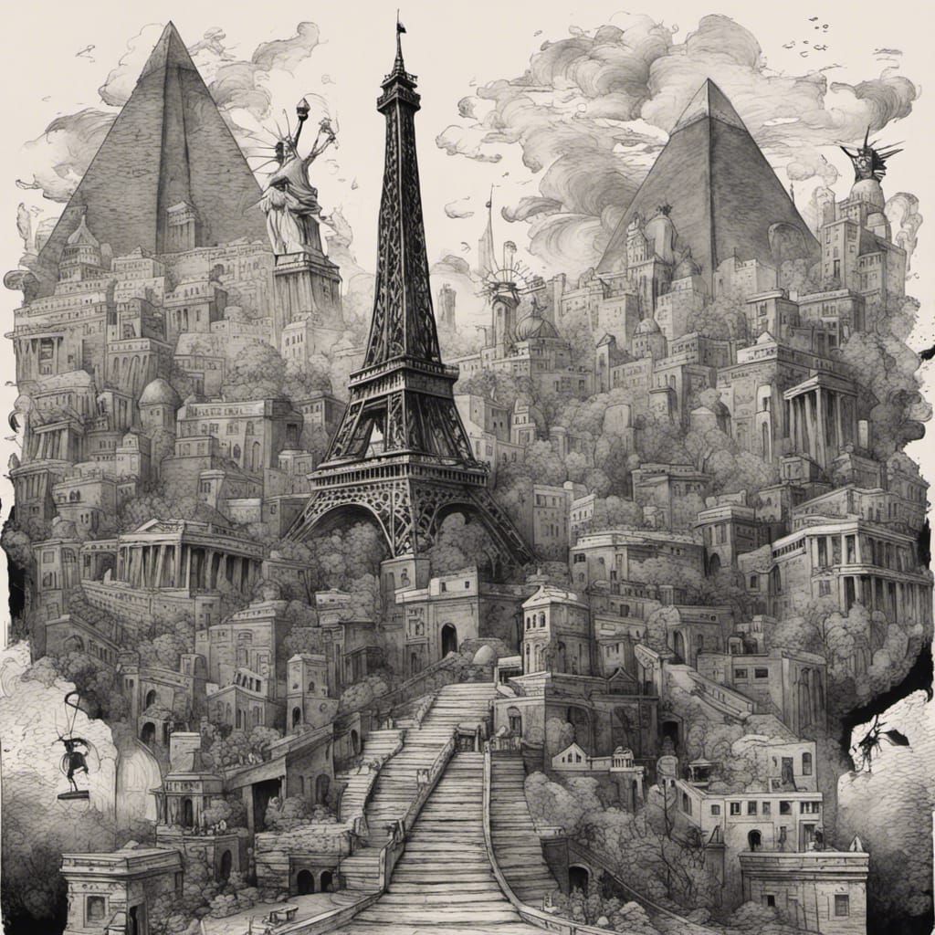Beautiful places combined in ink drawing