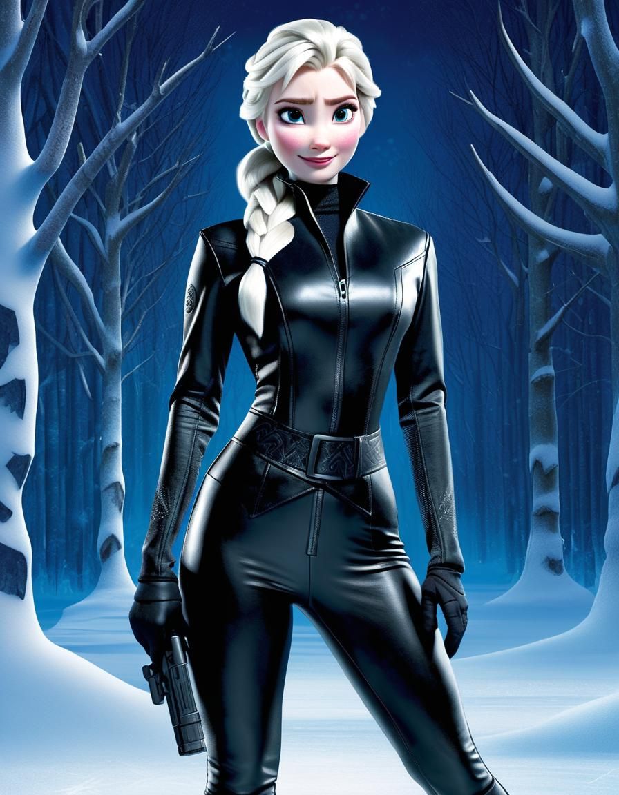 Elsa from Frozen, full leather catsuit, as a spy - AI Generated Artwork ...