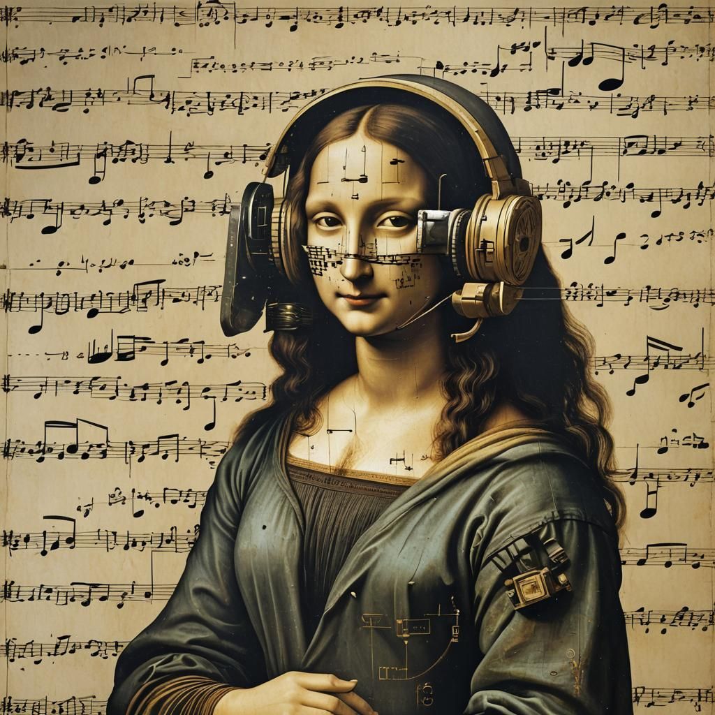 The Mona Lisa wearing a Space helmet music notes on the wall - AI ...