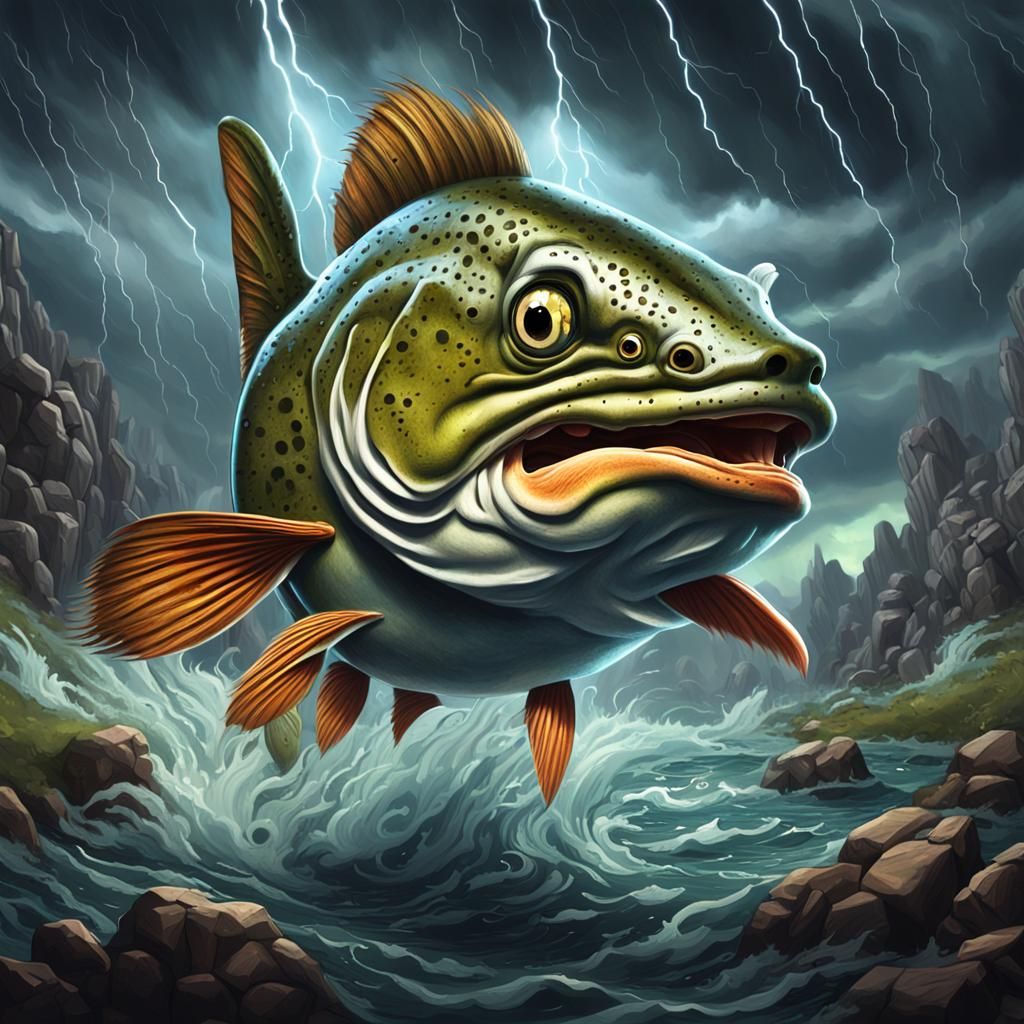 an aggressive but cute exaggerated trout in the style of an ogre with ...