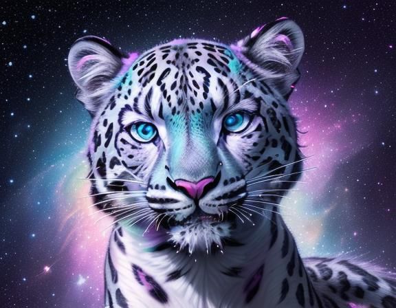Magical Fantastic Neon Rainbow Snow Leopard in a glittering snowy ...