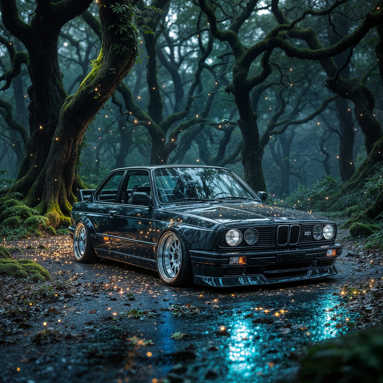 BMW E30 Coupe in Moonlit Forest, Radiant Grey with... - AI Art