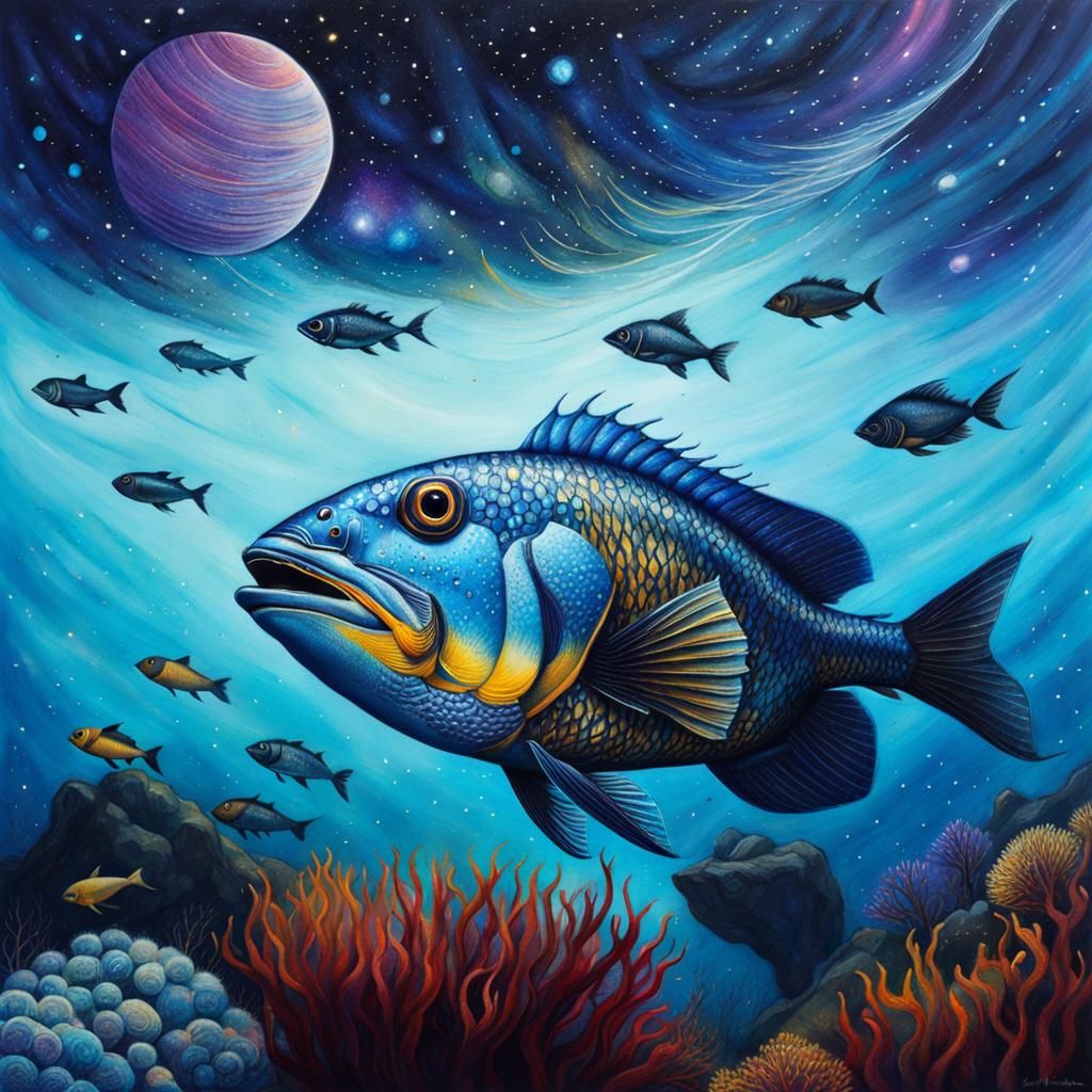 Beautiful intricate realistic close up shot of a fish hyperdetailed ink ...