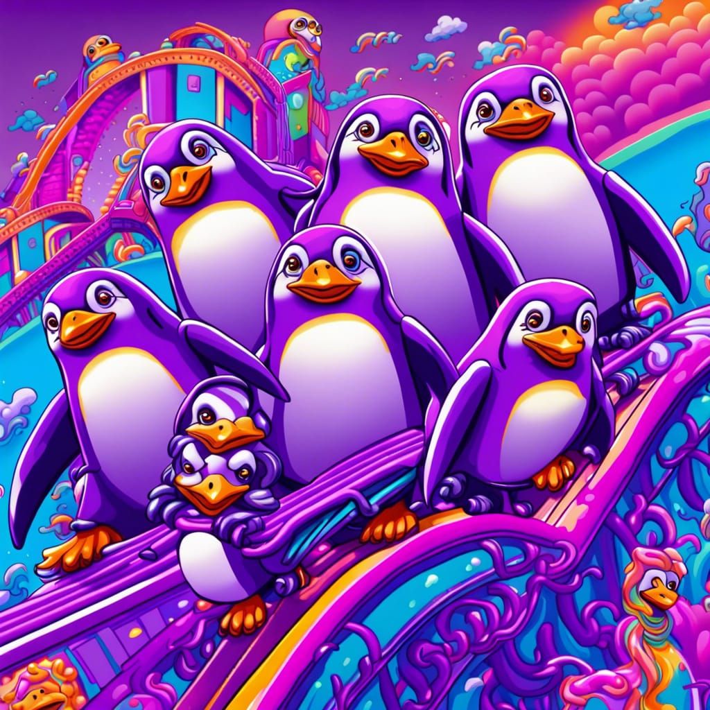 Purple penguins riding a roller coaster - AI Generated Artwork ...