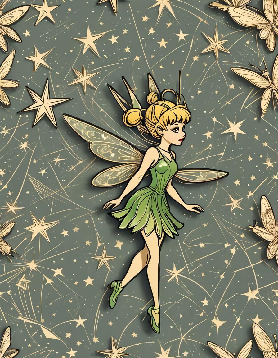 stylized Tinkerbell and stars, art deco movement ; thick lines, 3d ...