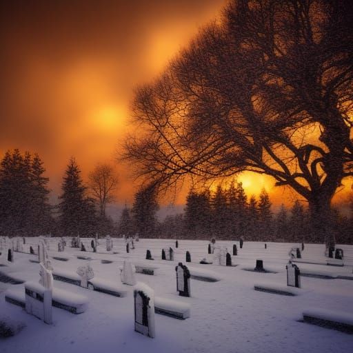 Snowy cemetery at sunset, Epic cinematic brilliant stunning intricate ...