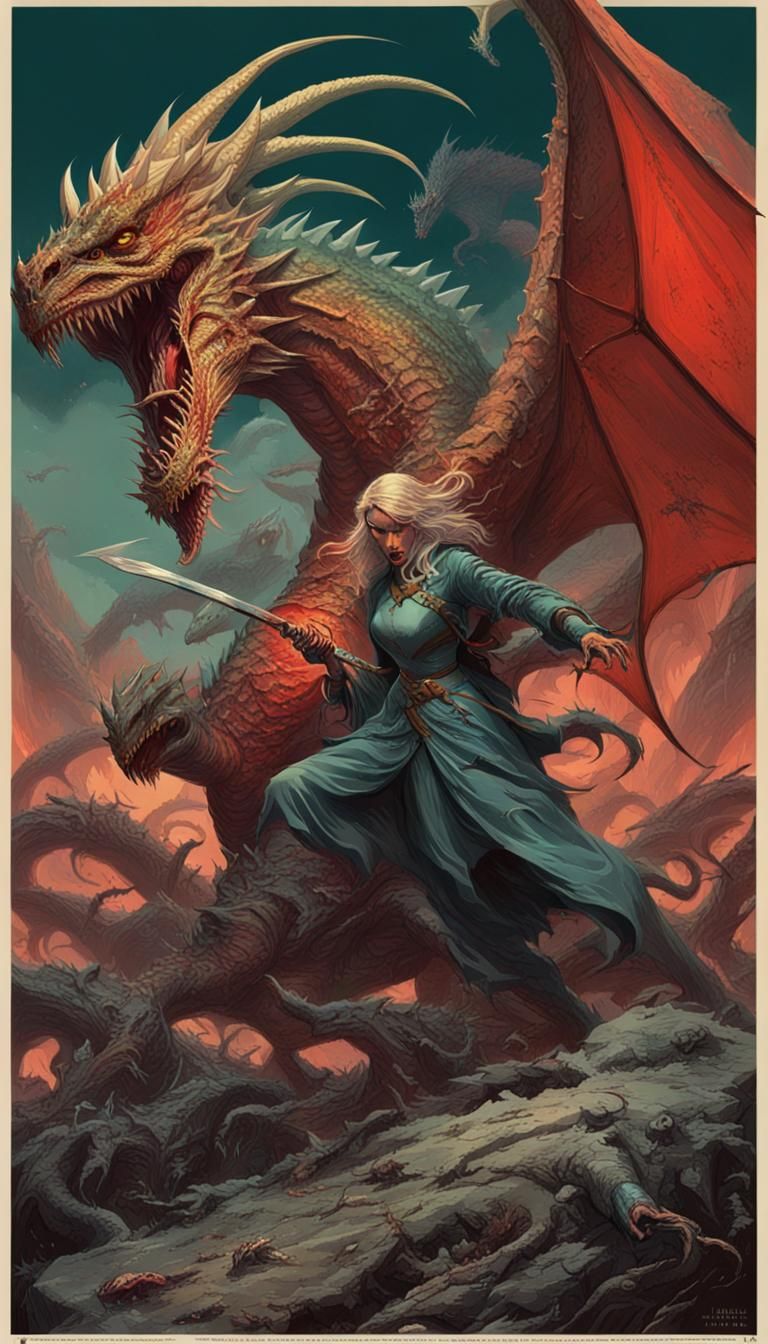 Beautiful, alluring princess fighting a zombie dragon in the style of an exploitation film ...