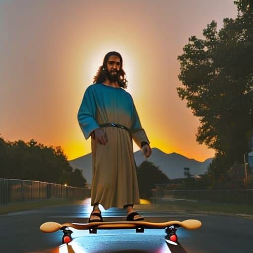 Jesus Christ riding a skateboard - AI Generated Artwork - NightCafe Creator