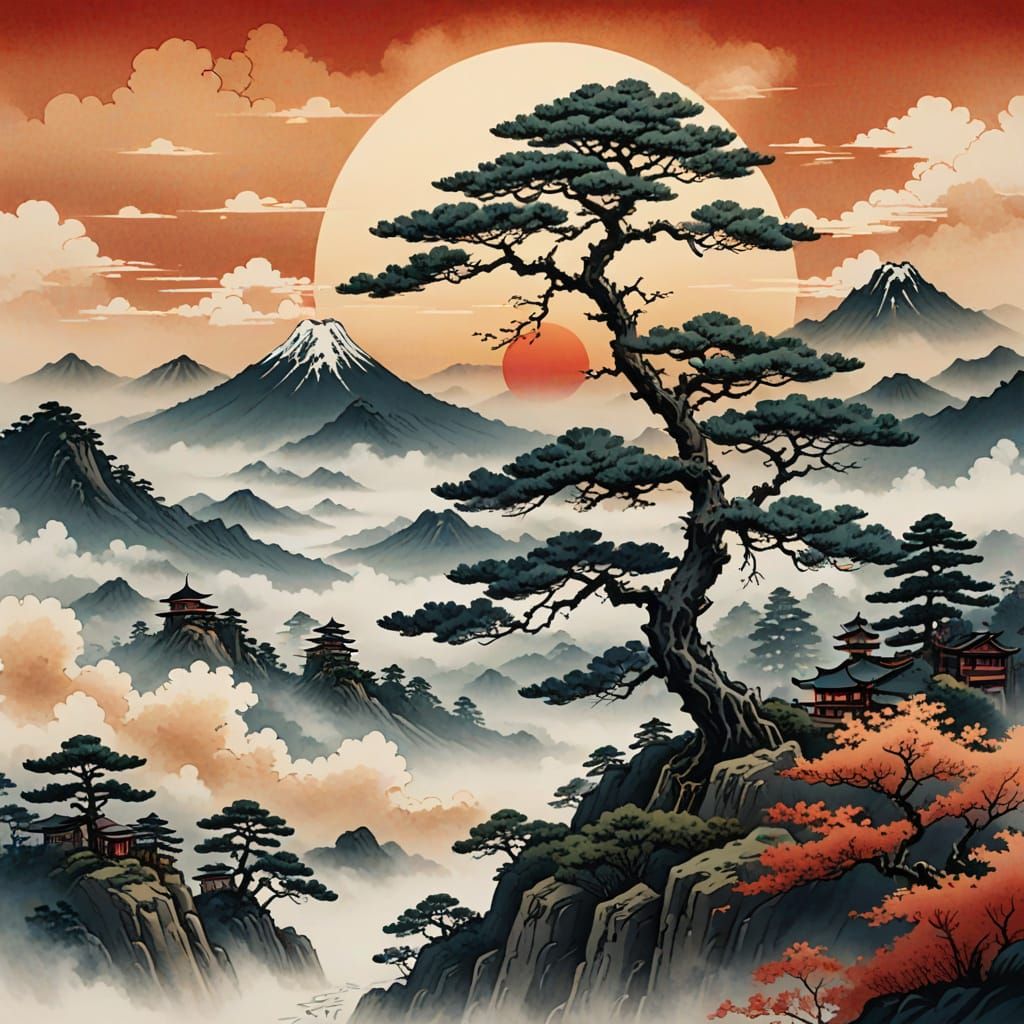 Lone old pine tree, Ukiyo-e. - Lone old pine tree, Ukiyo-e.
