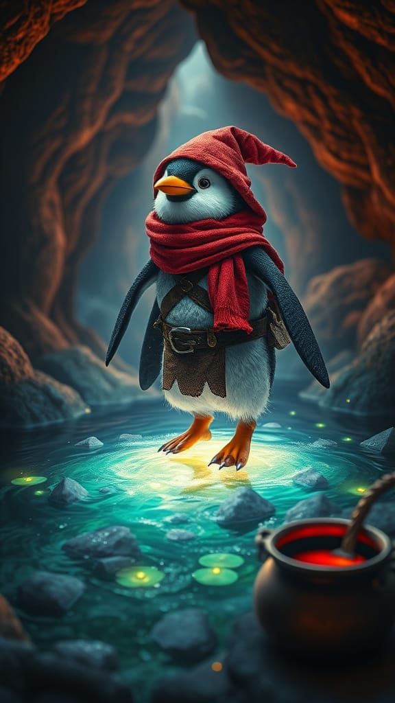 Charming Penguin Wizard Emerges from Glowing Water... - AI Art