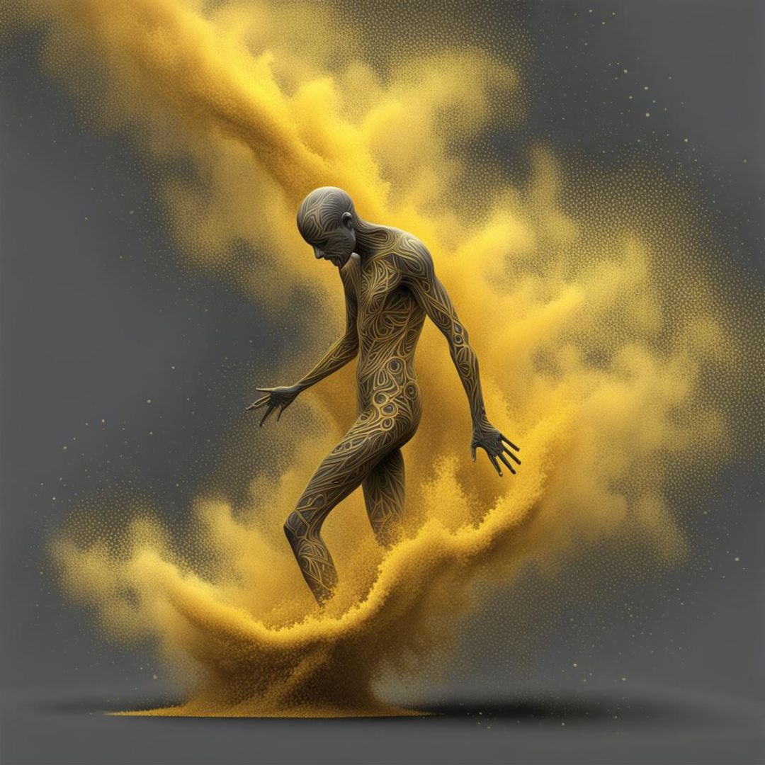 man disintegrating into yellow dust gray background digital art ...