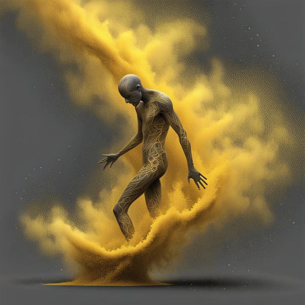 man disintegrating into yellow dust gray background digital art ...