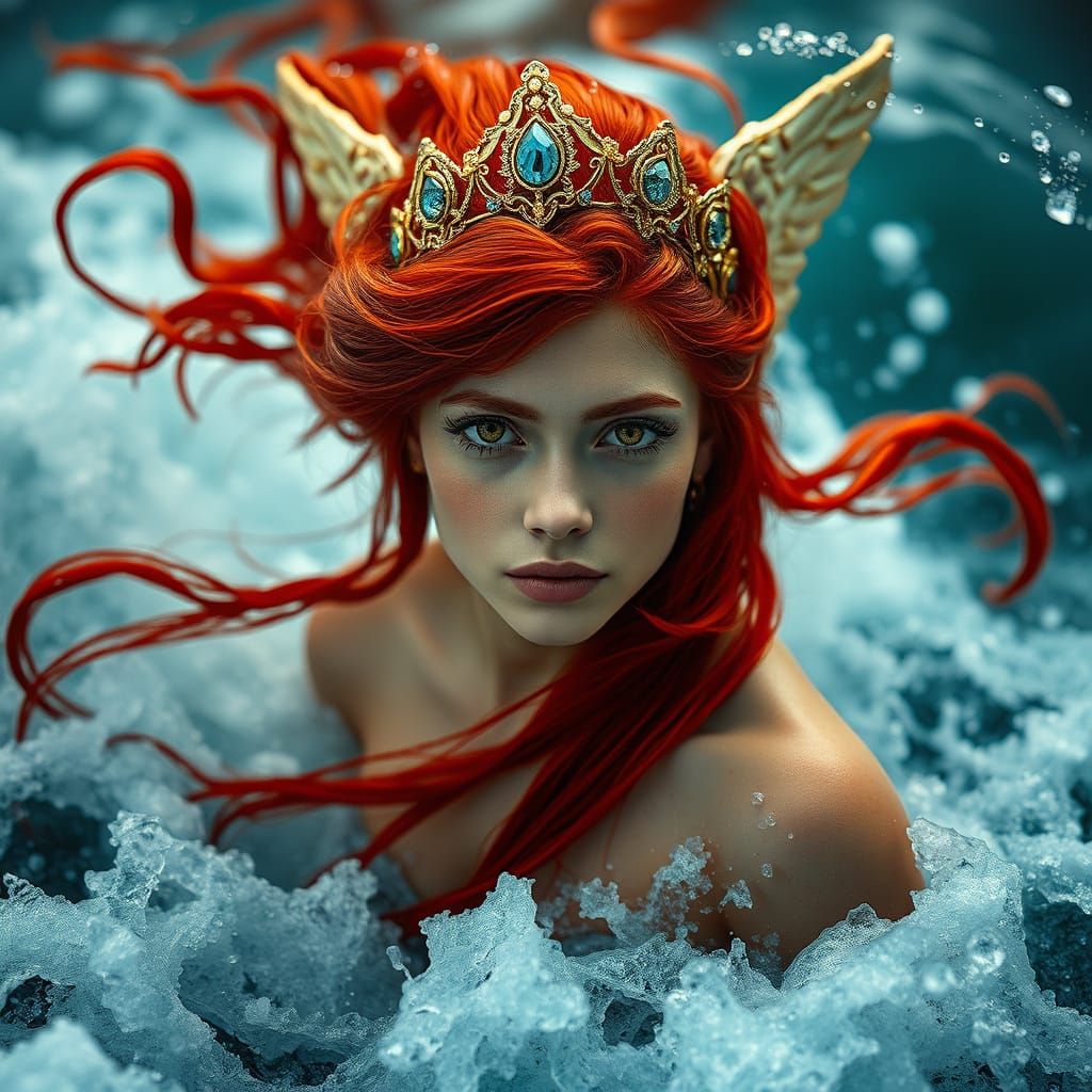 Regal Mermaid in Ocean Storm with Fiery Hair and A... - AI Art